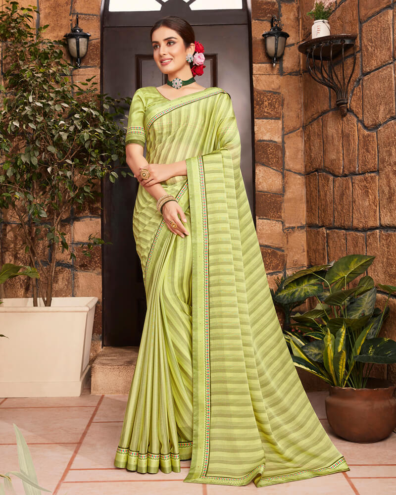 Vishal Prints Light Olive Green Chiffon Saree With Diamond Work Border