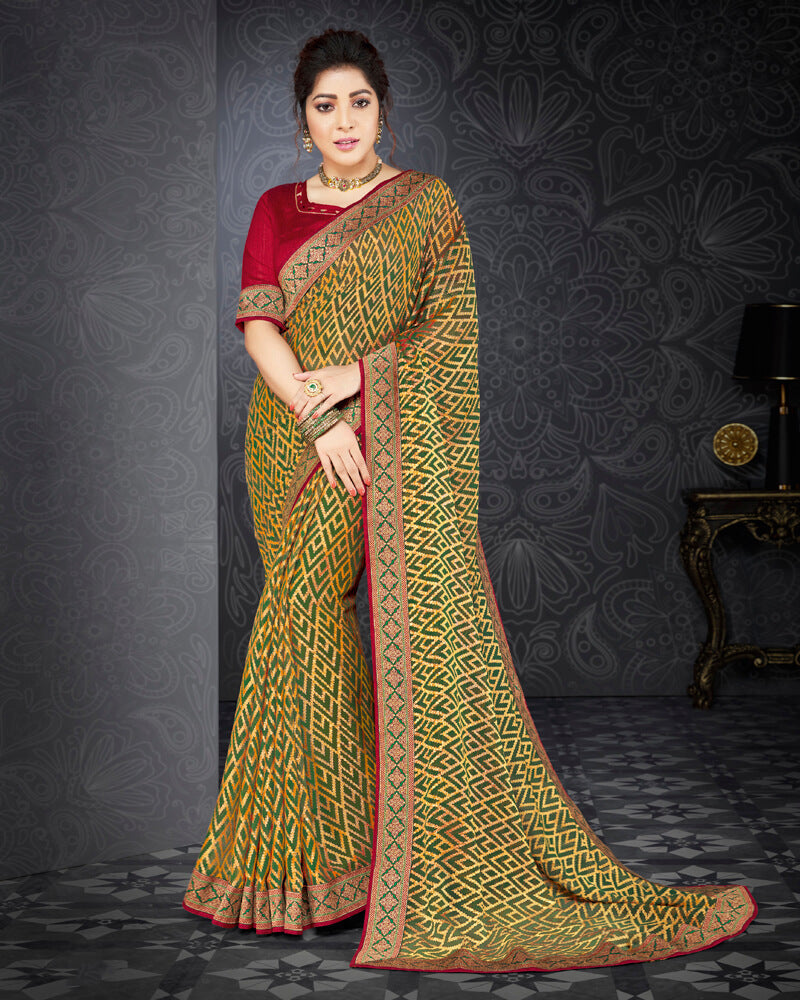 Vishal Prints Dark Olive Green Brasso Saree With Jari Border And Foil
