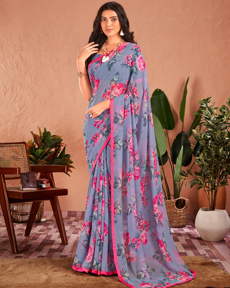 Vishal Prints Cool Grey Printed Georgette Saree With Satin Piping