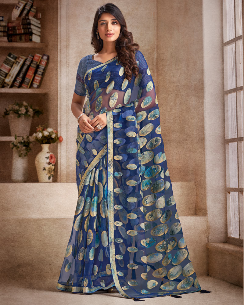 Vishal Prints Navy Blue Tissue Brasso Digital Print Saree With Tassel