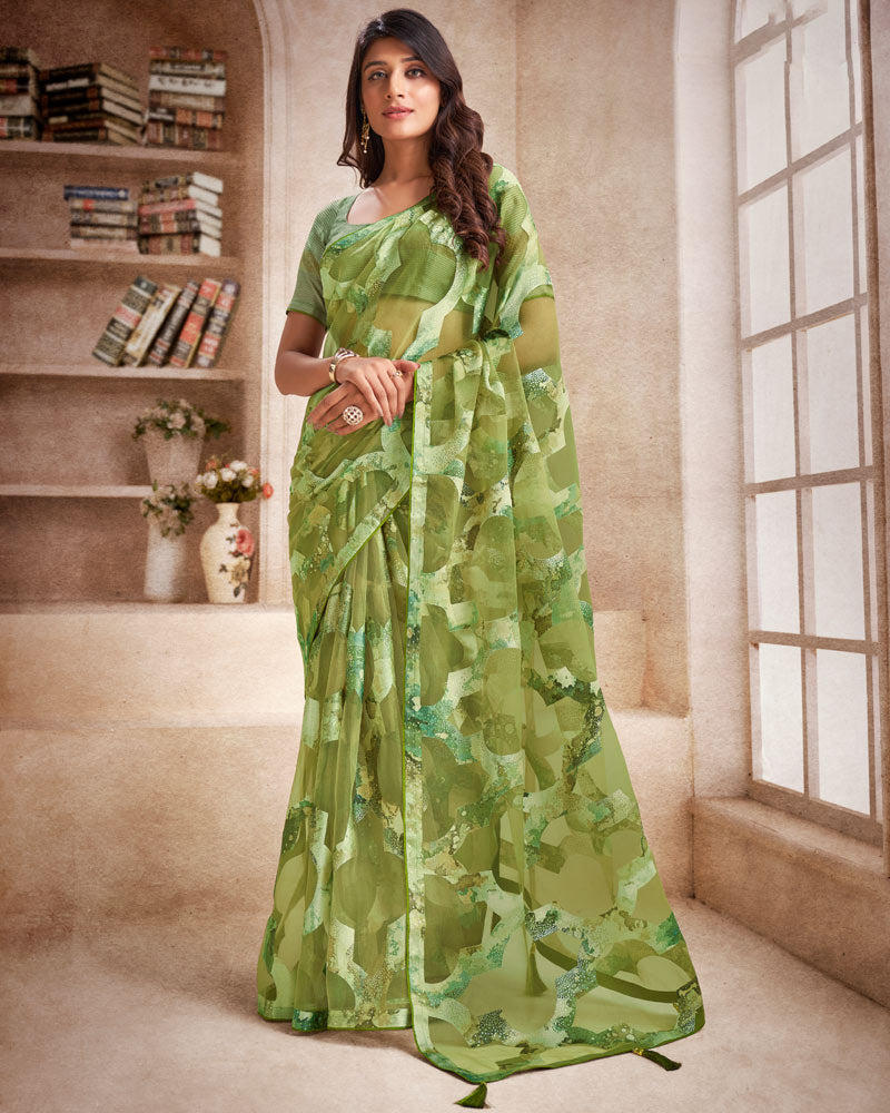 Vishal Prints Olive Green Tissue Brasso Digital Print Saree With Tasse