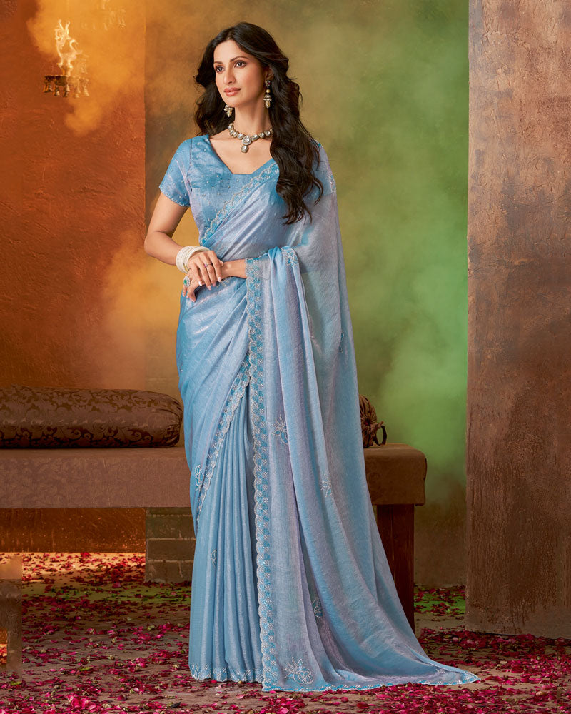Vishal Prints Glacier Blue Fancy Chiffon Swarovski Work Saree With Cut