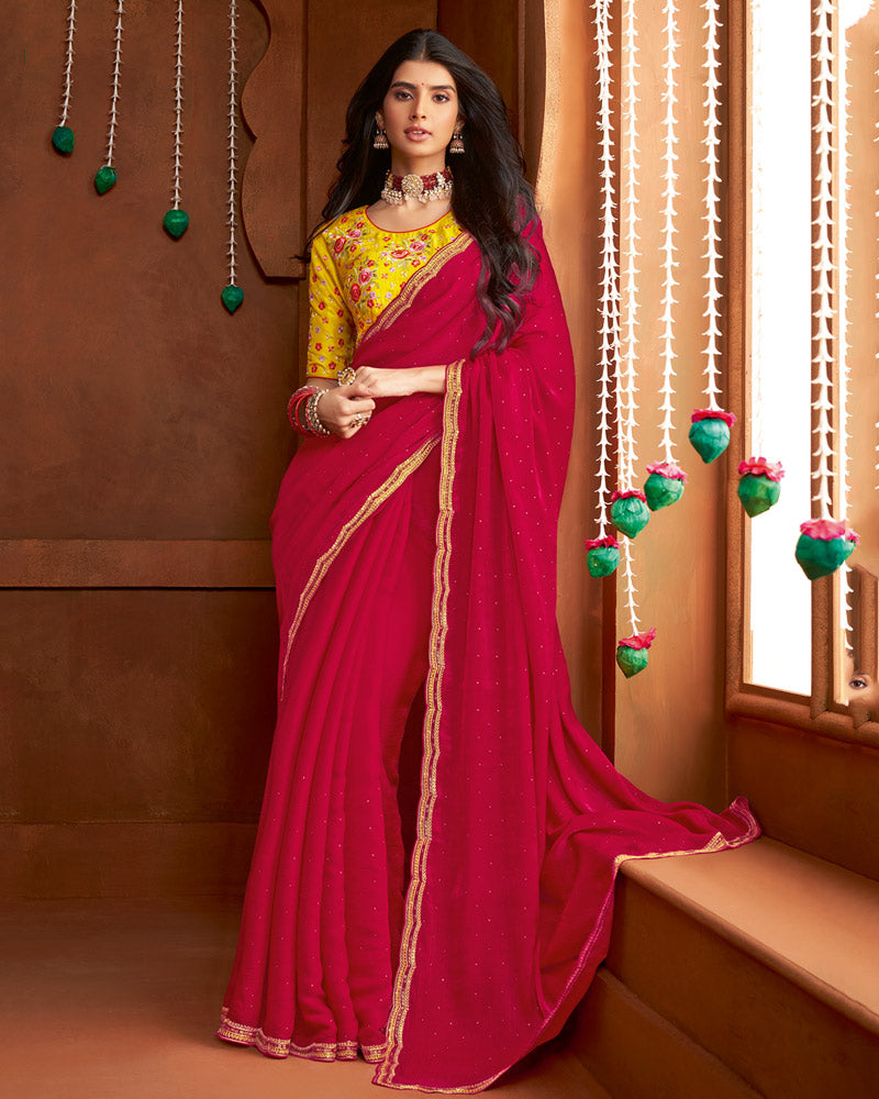 Vishal Prints Lipstick Red Fancy Satin Cut Dana-Swarovski Work Saree W