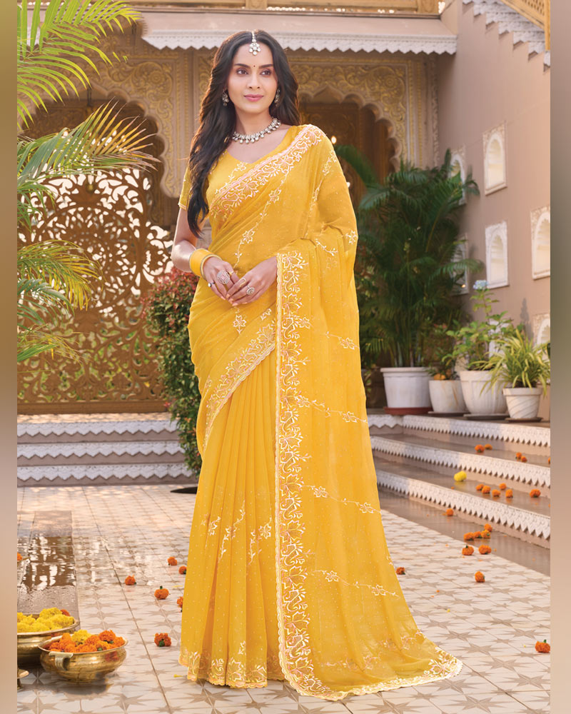 Indian Yellow Designer Shimmer Chiffon Saree With Embroidery-Diamond W ...