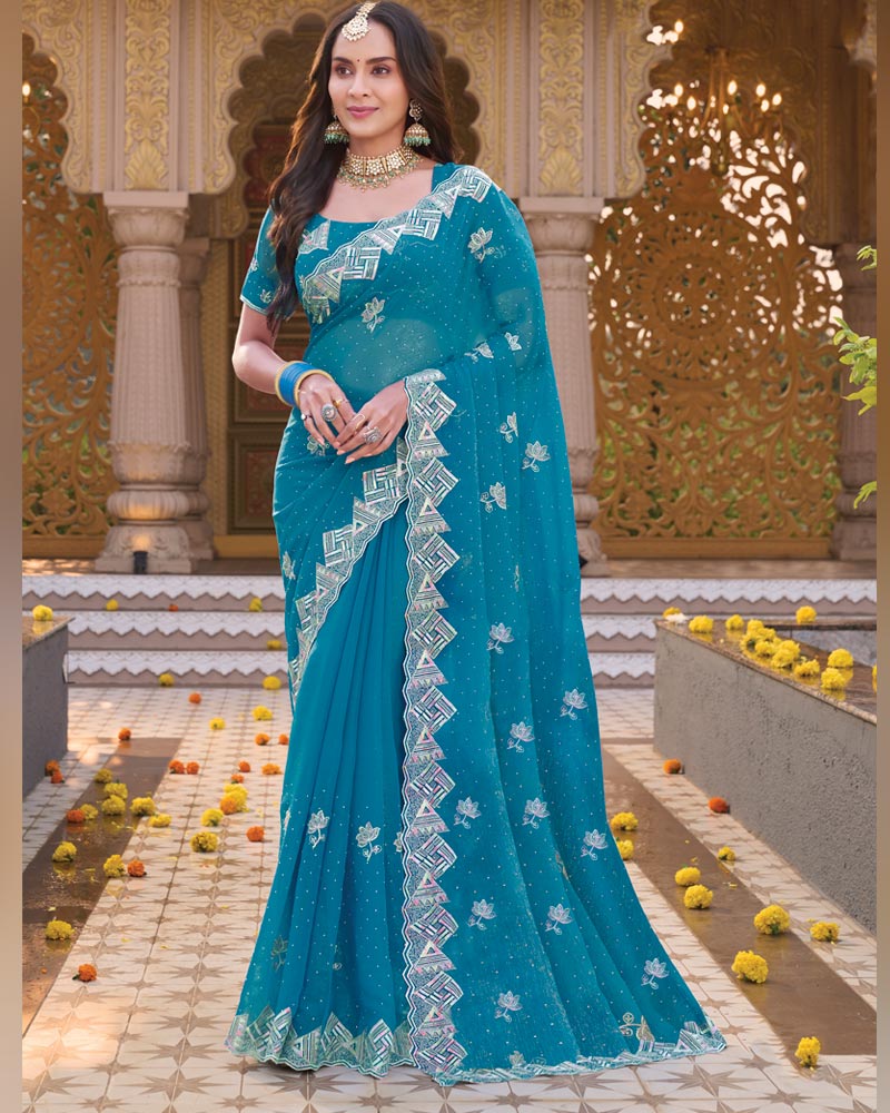 French Blue Designer Shimmer Chiffon Saree With Embroidery-Diamond Wor ...