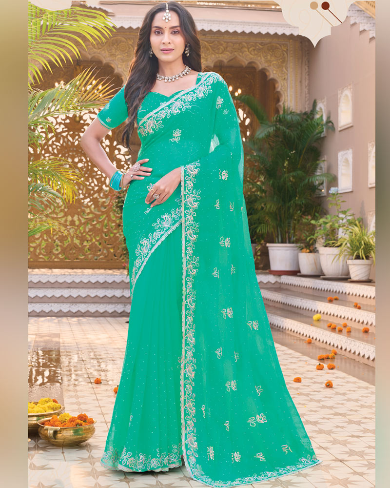 Topaz Green Designer Shimmer Chiffon Saree With Embroidery-Diamond Wor ...