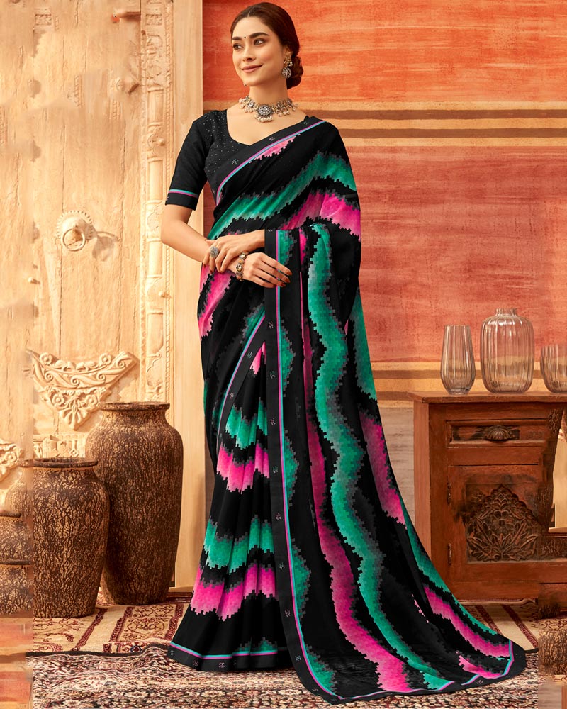 Vishal Prints Black And Persian Green Printed Georgette Saree With Fan