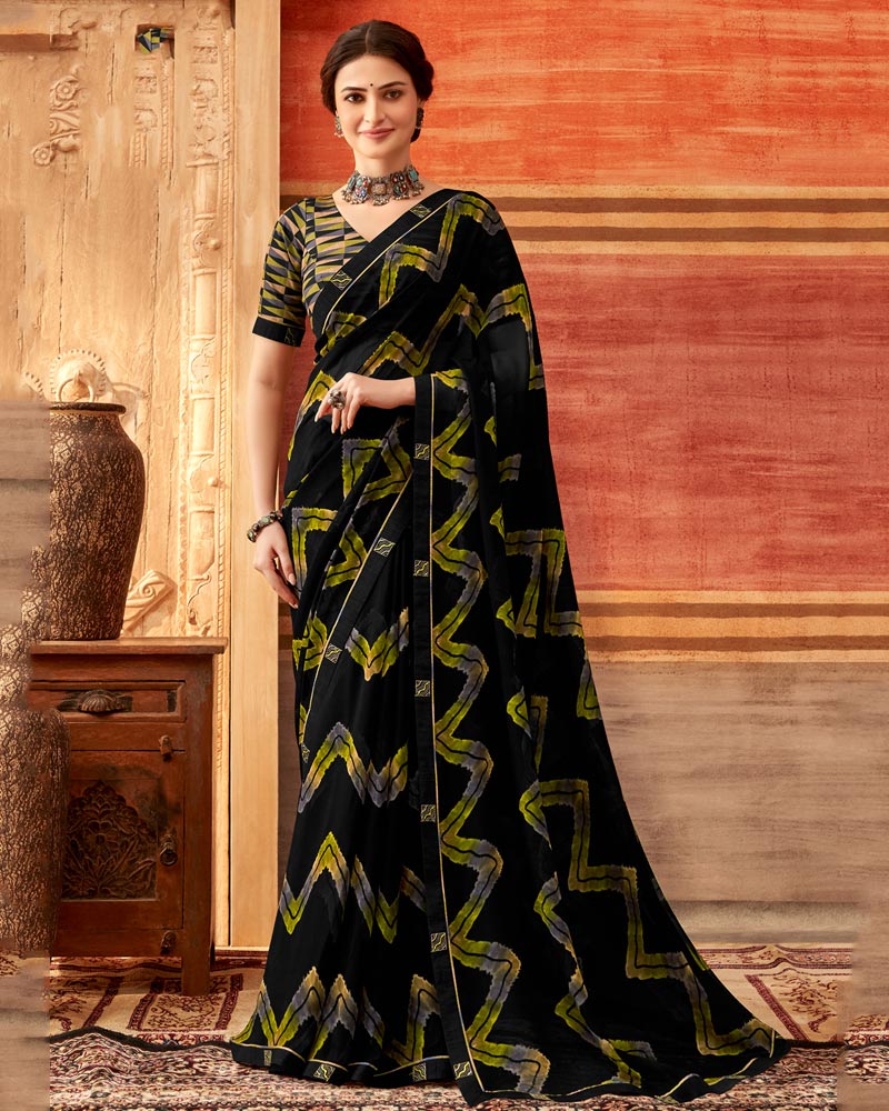 Vishal Prints Black And Yellowy Brown Printed Georgette Saree With Fan