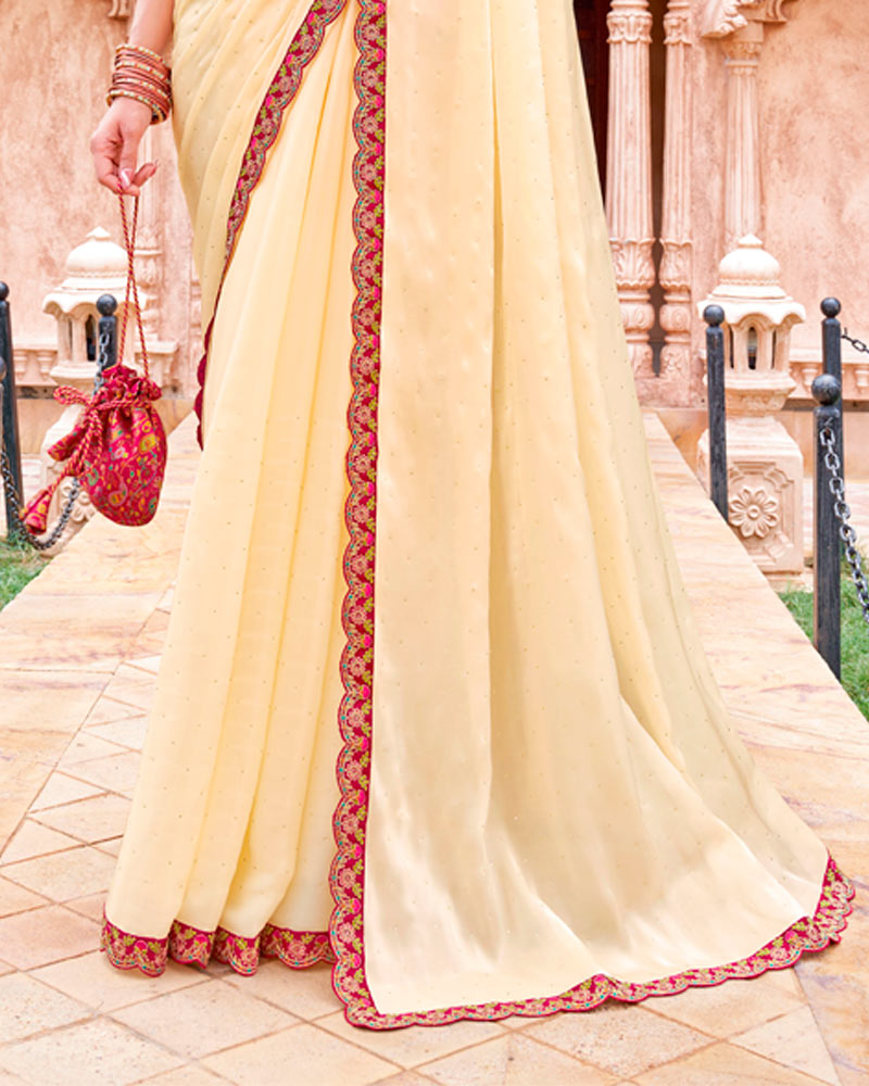 Vishal Prints Champagne Color Designer Organza Saree With Diamond Work