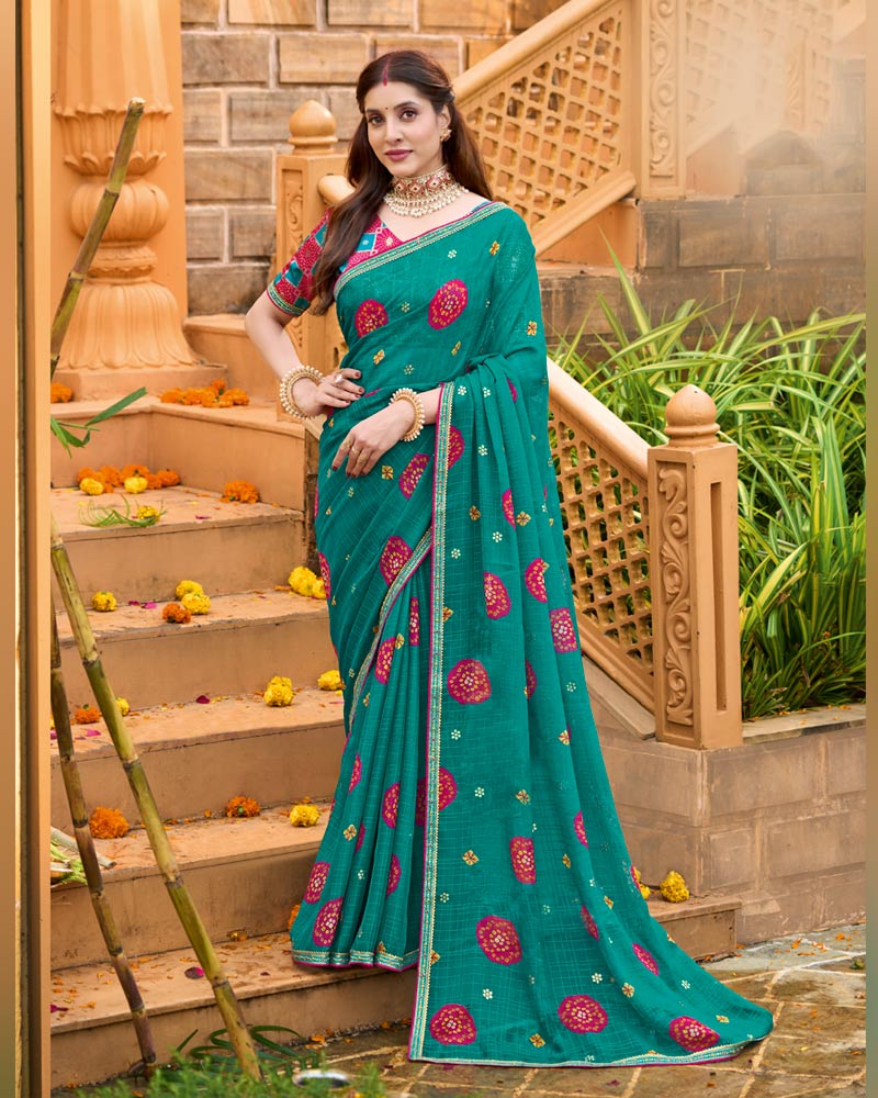 Vishal Prints Teal Green Printed Chiffon Bandhani Print Saree With Foi