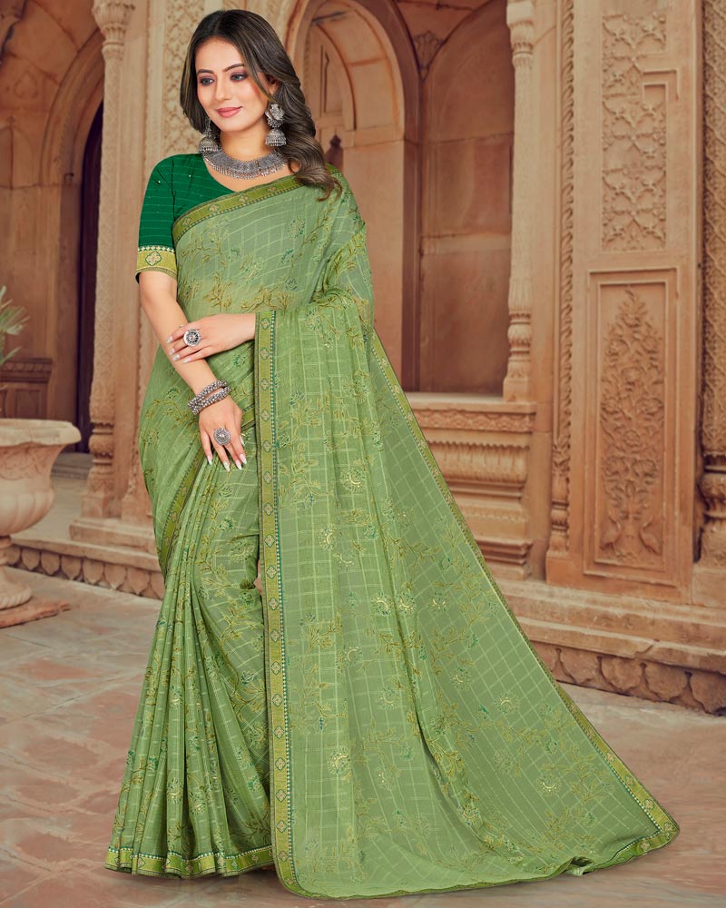 Vishal Prints Olive Green Printed Brasso Saree With Foil Print And Zar