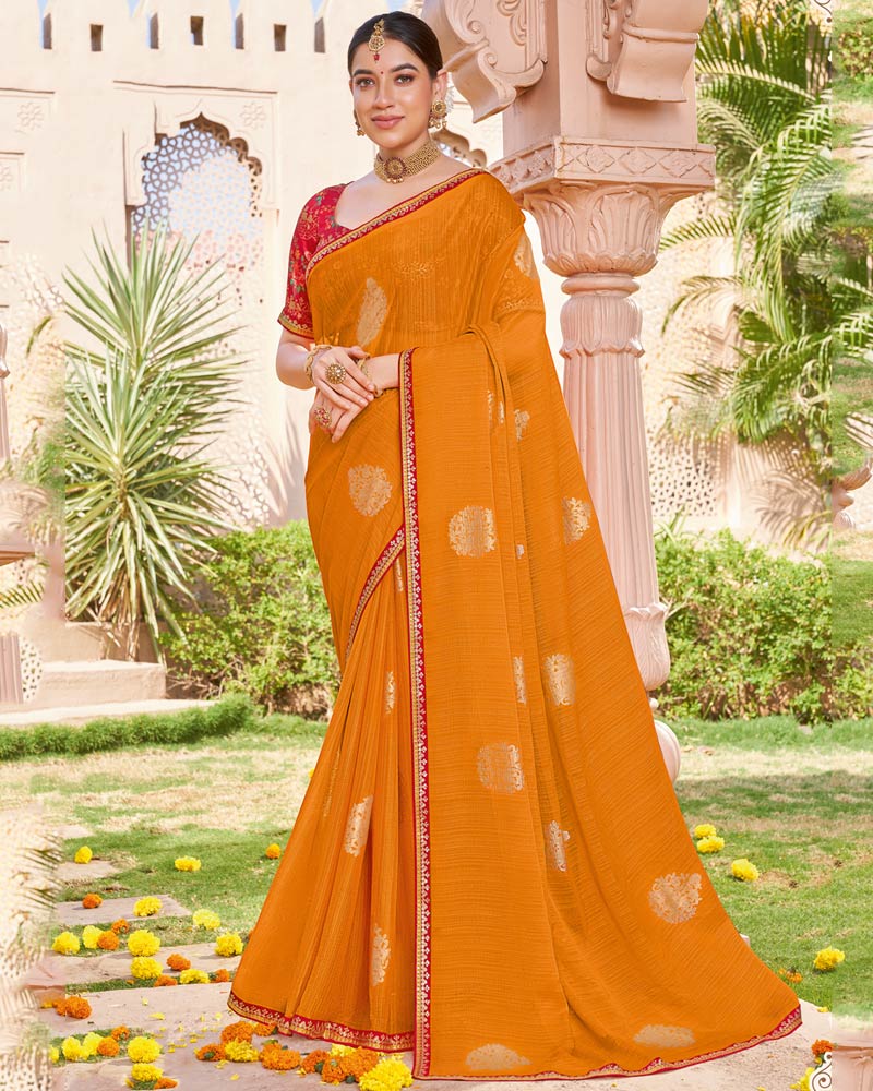 Vishal Prints Rusty Orange Designer Chiffon Saree With Foil Print And
