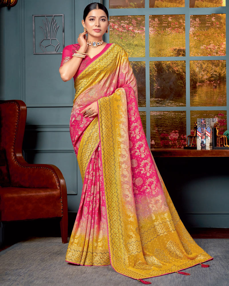 Vishal Prints Red Pink Designer Dola Silk Saree With Weaving-Diamond W