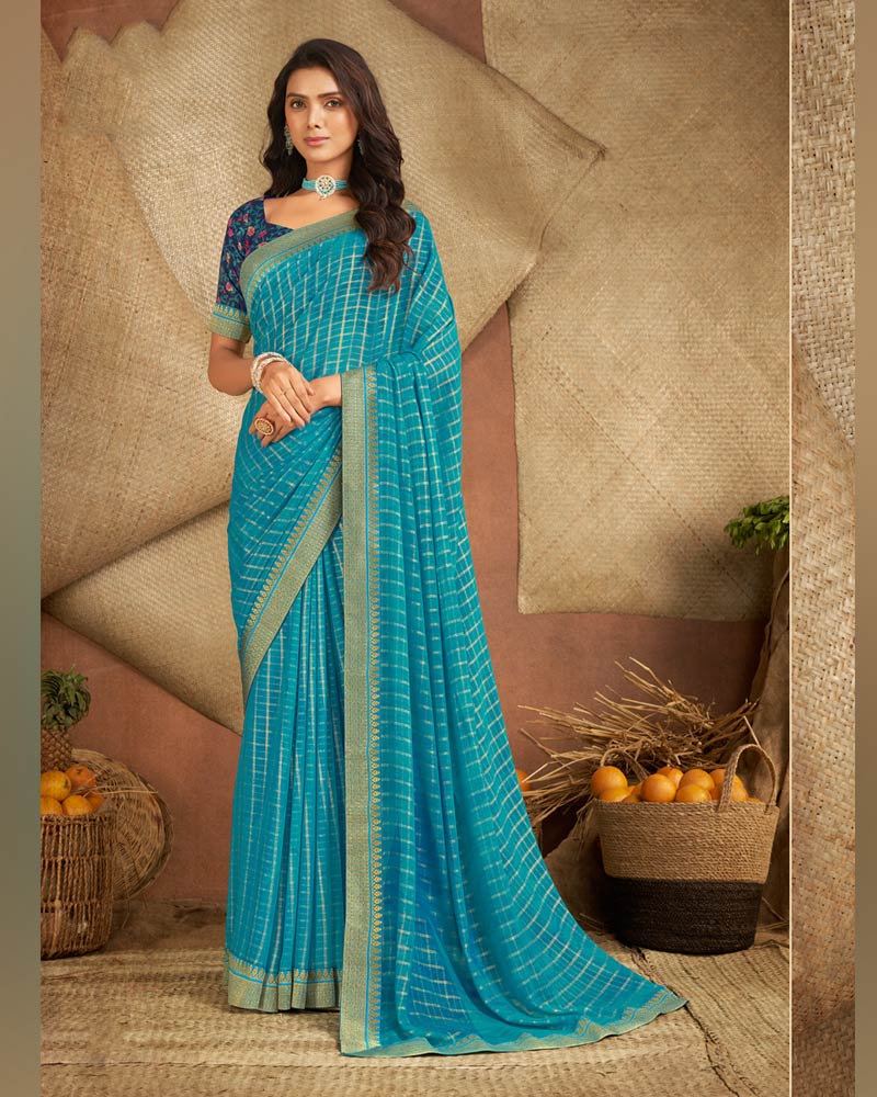 Vishal Prints Dark Turquoise Blue Printed Georgette Saree With Foil Pr