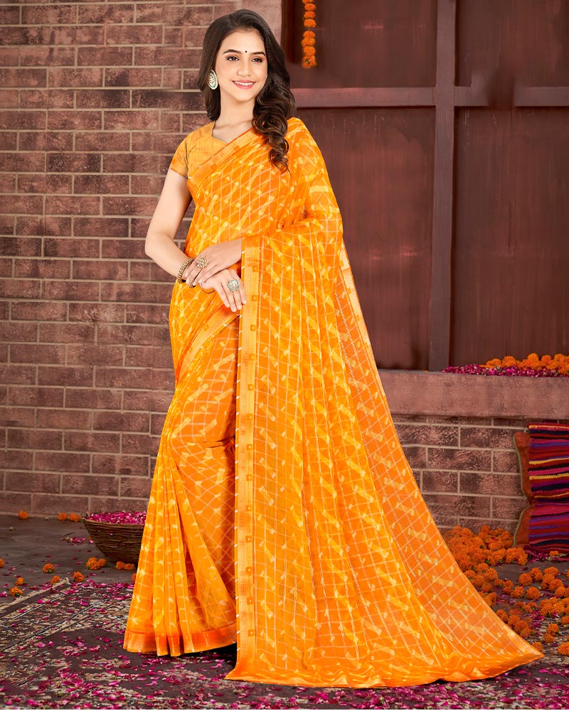 Vishal Prints Yellowish Orange Patterned Chiffon Printed Saree With Fa