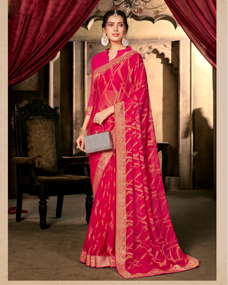 Vishal Prints Red Pink Designer Brasso Saree With Foil Print And Fancy