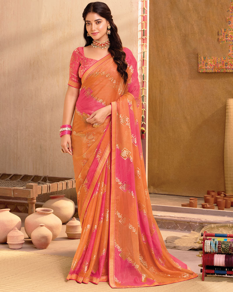 Vishal Prints Sandy Orange Printed Chiffon Saree With Foil Print And Z