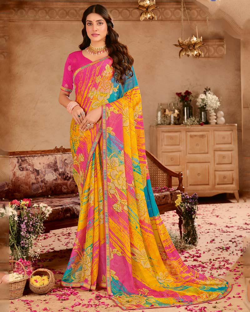 Vishal Prints Multi Colour Printed Chiffon Saree With Zari Border