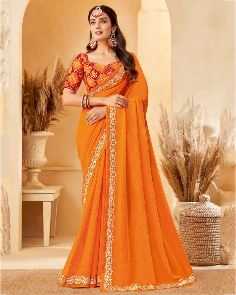Vishal Prints Saffron Color Designer Fancy Chiffon Saree With Diamond