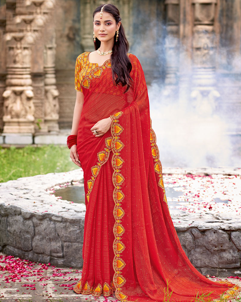 Vishal Prints Bright Red Designer Fancy Chiffon Saree With Diamond Wor