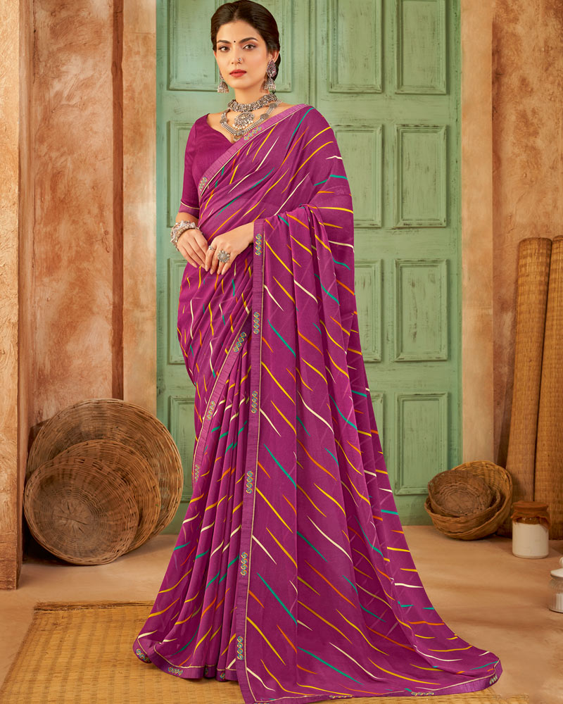 Vishal Prints Dark Fuchsia Weightless Printed Georgette Saree With Fan