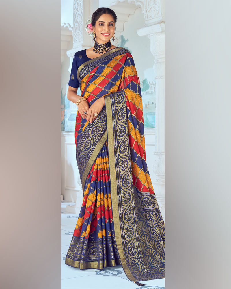 Vishal Prints Ink Blue Designer Silk Brasso Traditional Print Saree Wi