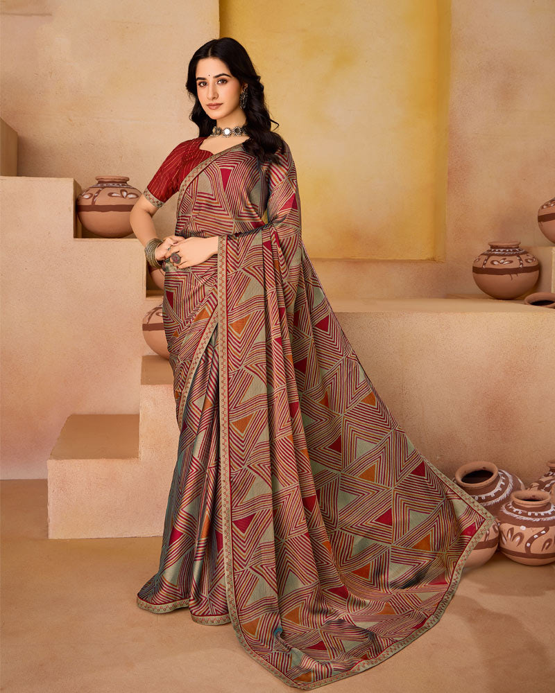 Vishal Prints French Beige And Brick Red Printed Fancy Chiffon Saree W