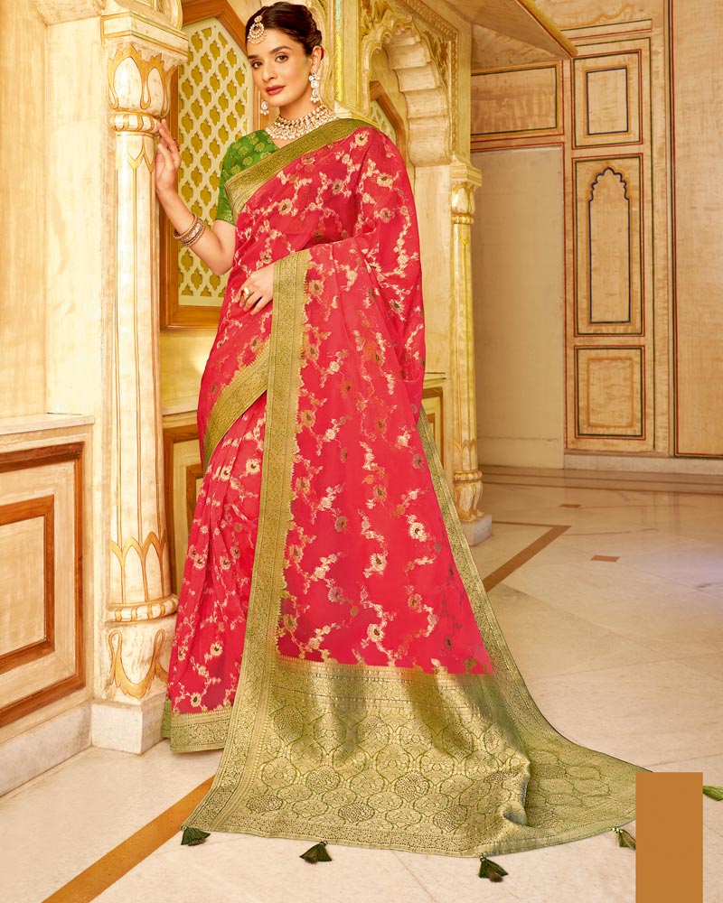 Vishal Prints Pastel Red Tissue Weaving Saree With Stone Work And Tass