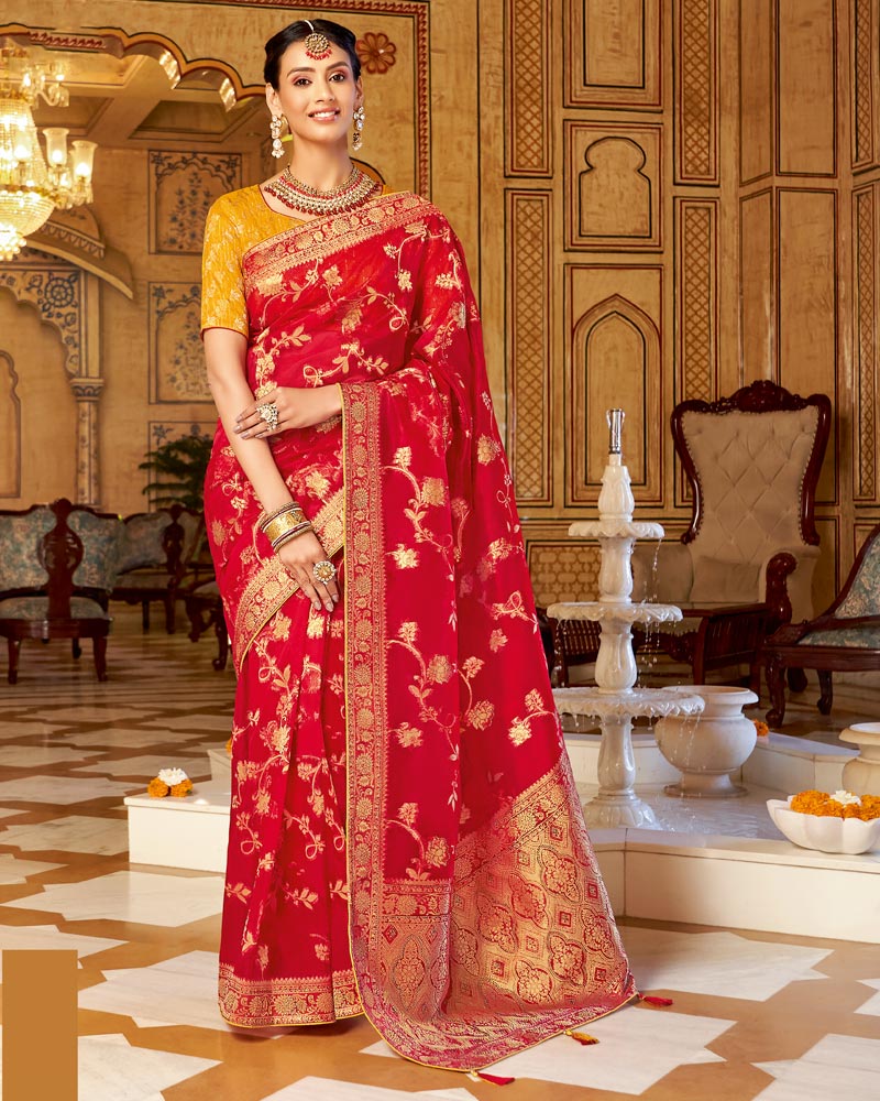 Vishal Prints Cherry Red Tissue Weaving Saree With Stone Work And Tass