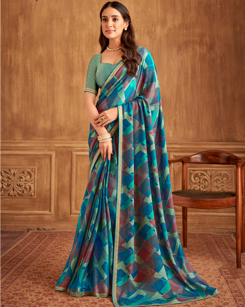 Vishal Prints Turquoise Green Printed Brasso Saree With Fancy Embroide