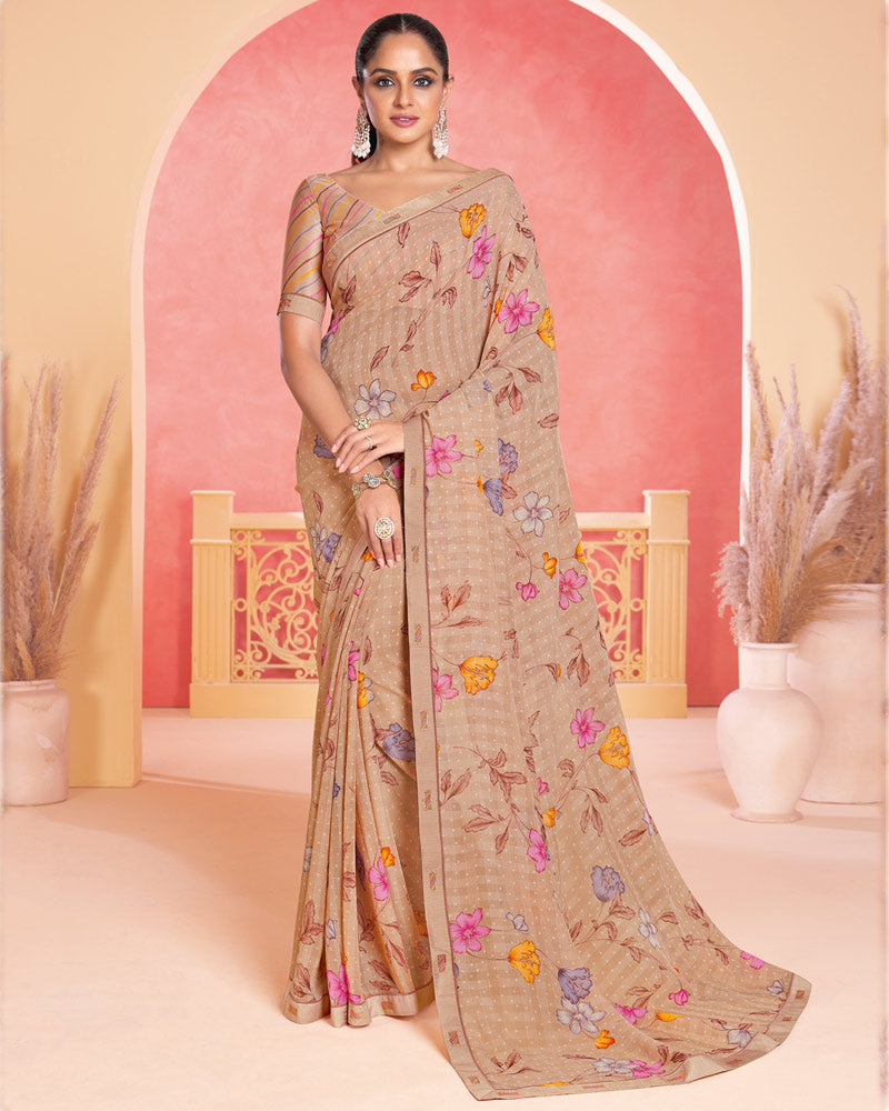 Vishal Prints Antique Brass Printed Patterned Georgette Saree With Fan
