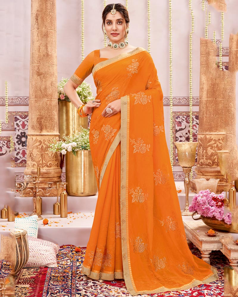 Vishal Prints Saffron Color Designer Chiffon Saree With Embroidery And