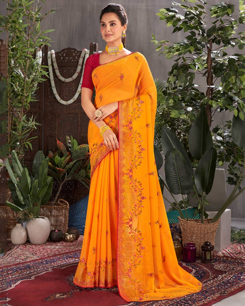 Vishal Prints Saffron Color Designer Chiffon Saree With Embroidery And