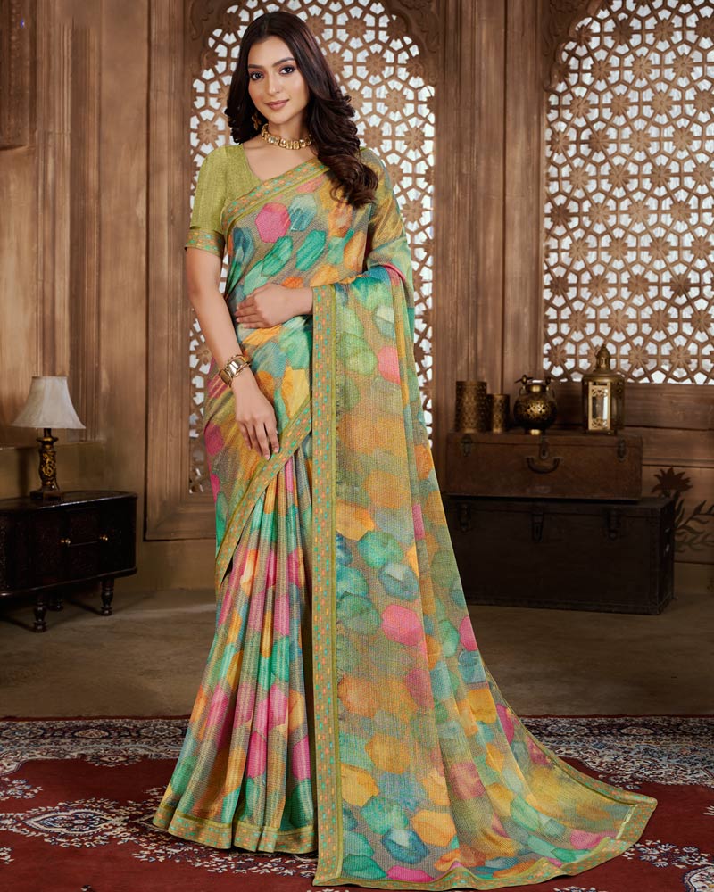 Vishal Prints Light Mehandi Green Digital Print Chiffon Brasso Saree W