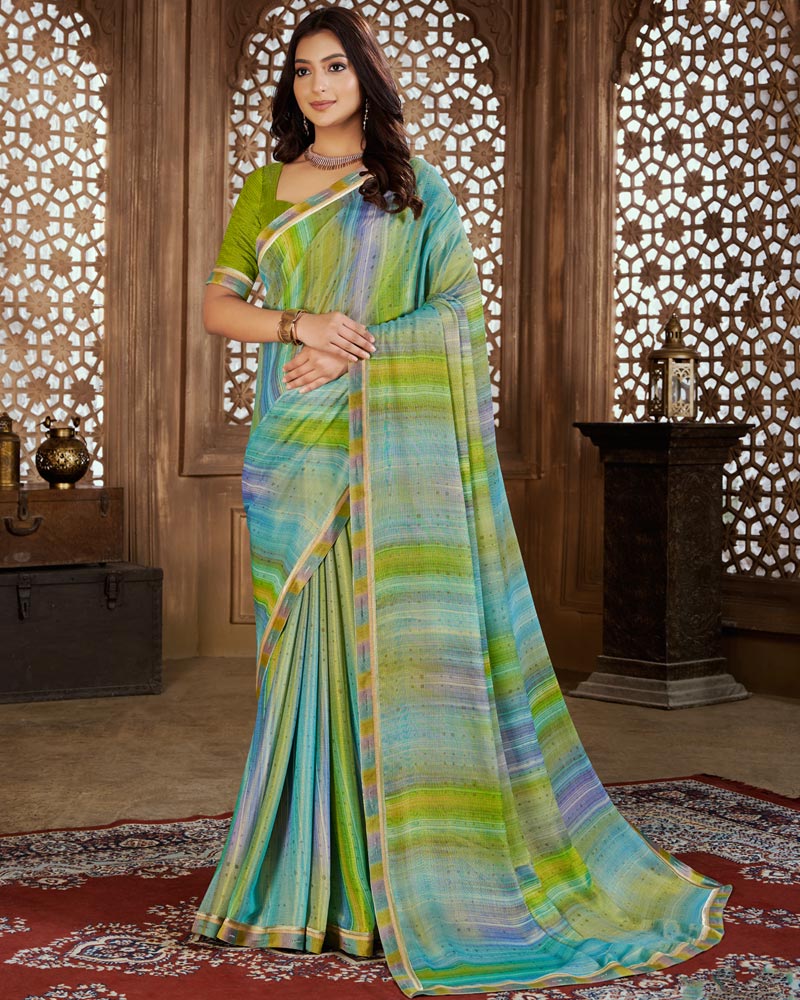 Vishal Prints Olive Green Digital Print Chiffon Brasso Saree With Fanc
