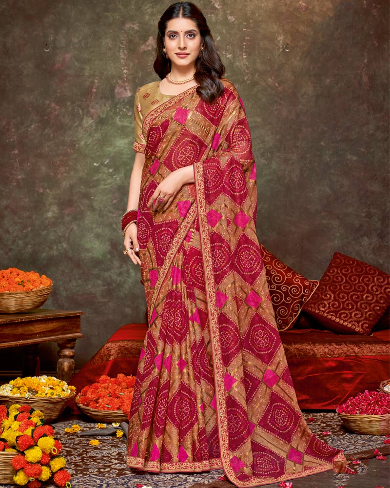 Vishal Prints Paprika Red Printed Brasso Traditional Print Saree With