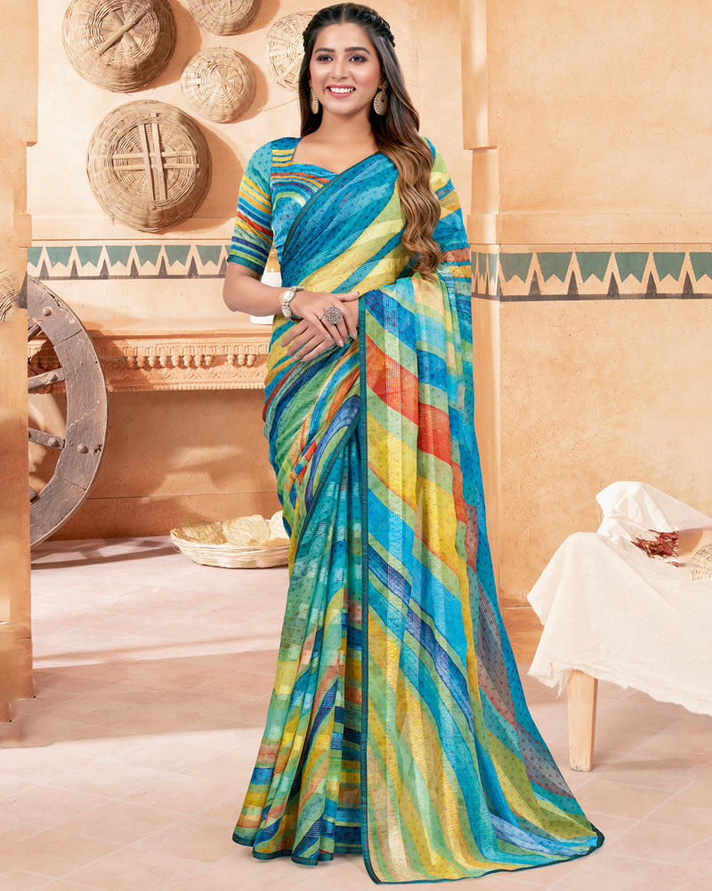 Vishal Prints Blue Fancy Chiffon Digital Print Saree With Diamond Work