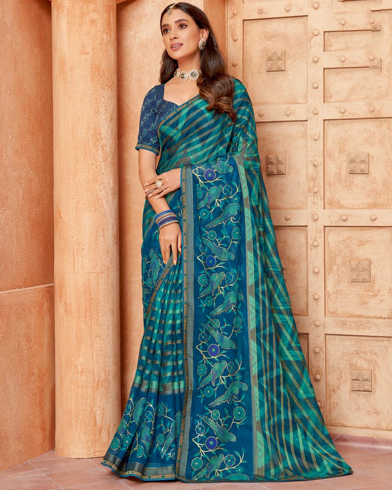Vishal Prints Peacock Blue Printed Designer Chiffon Saree With Foil Pr