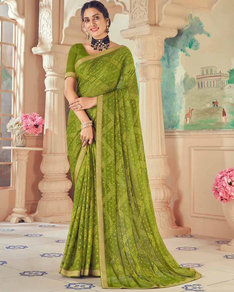 Vishal Prints Dark Olive Green Designer Patterned Brasso Saree With Za