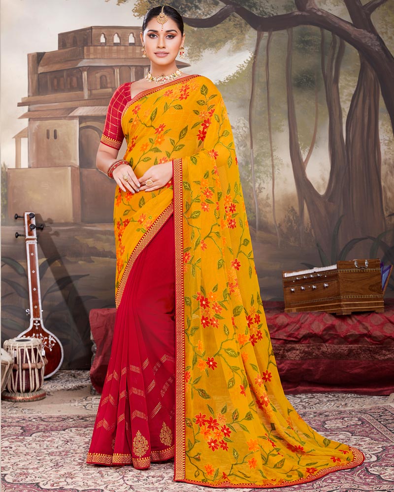 Vishal Prints Golden Yellow Chiffon Saree With Embroidery Work And Fan