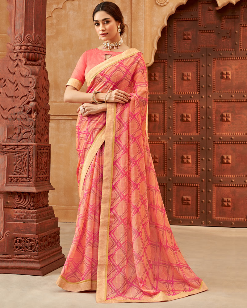 Vishal Prints Coral Pink Printed Patterned Brasso Saree With Fancy Bor