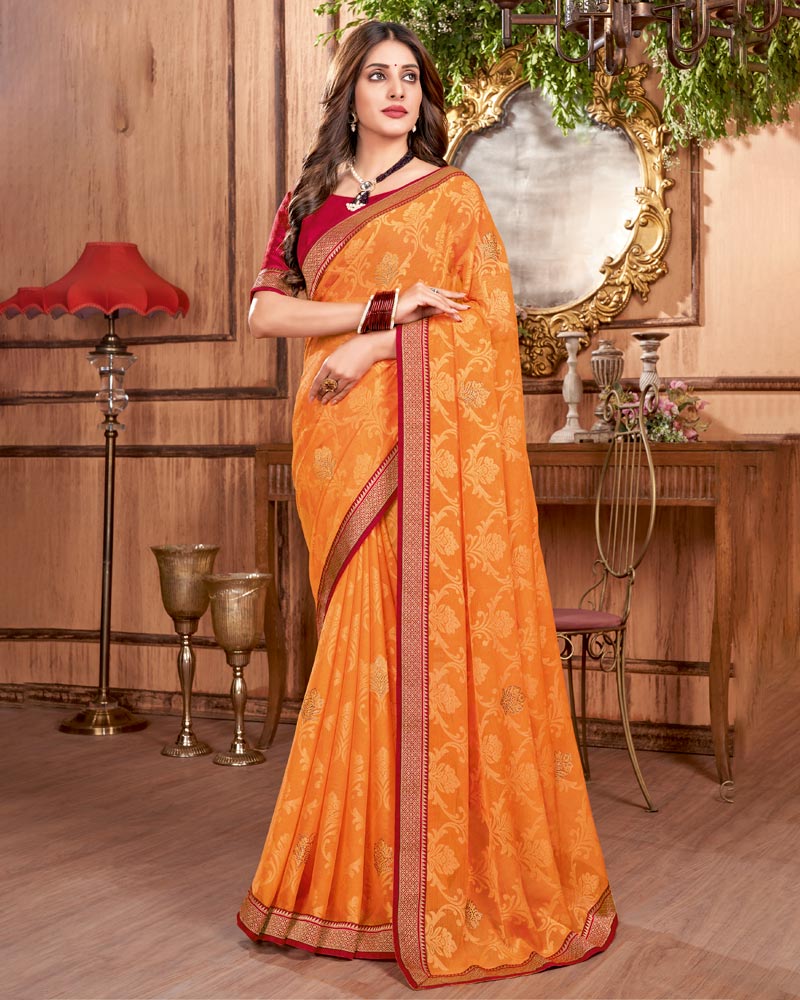 Vishal Prints Saffron Color Brasso Saree With Stone Work And Zari Bord