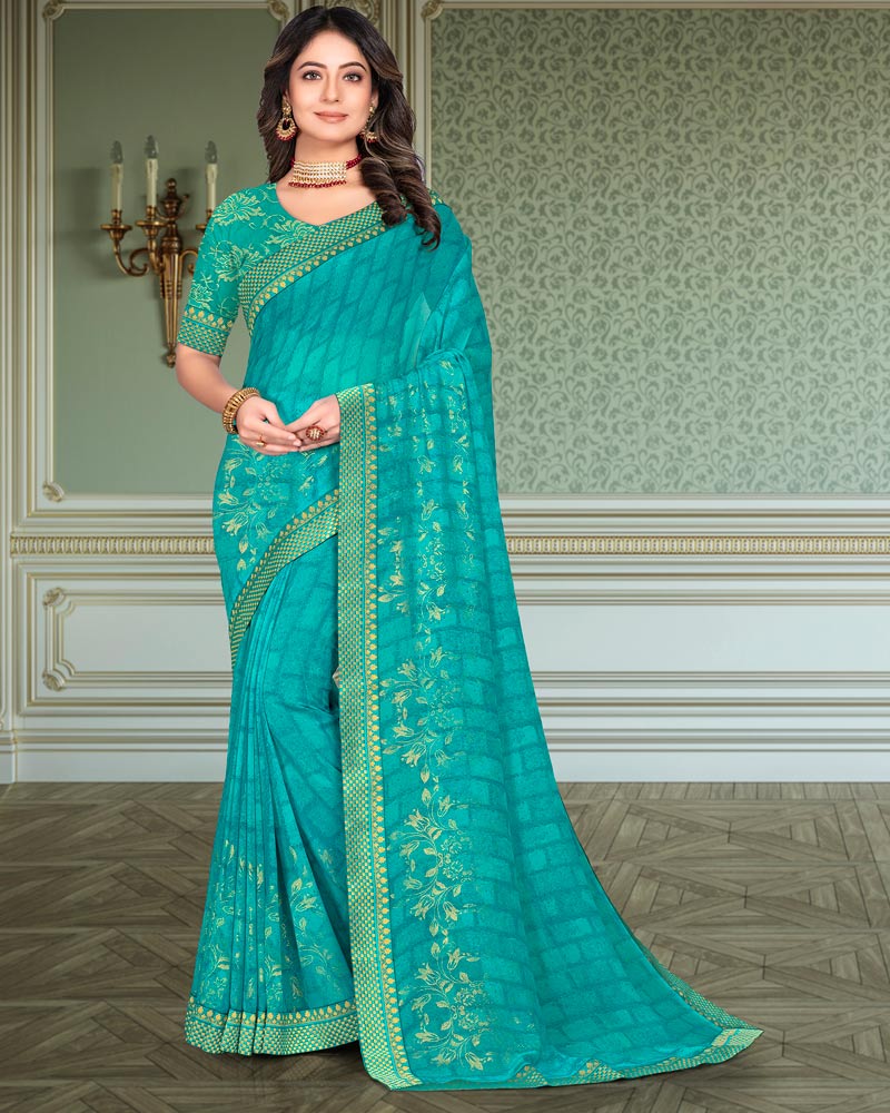 Vishal Prints Dark Turquoise Blue Georgette Saree With Foil Print And