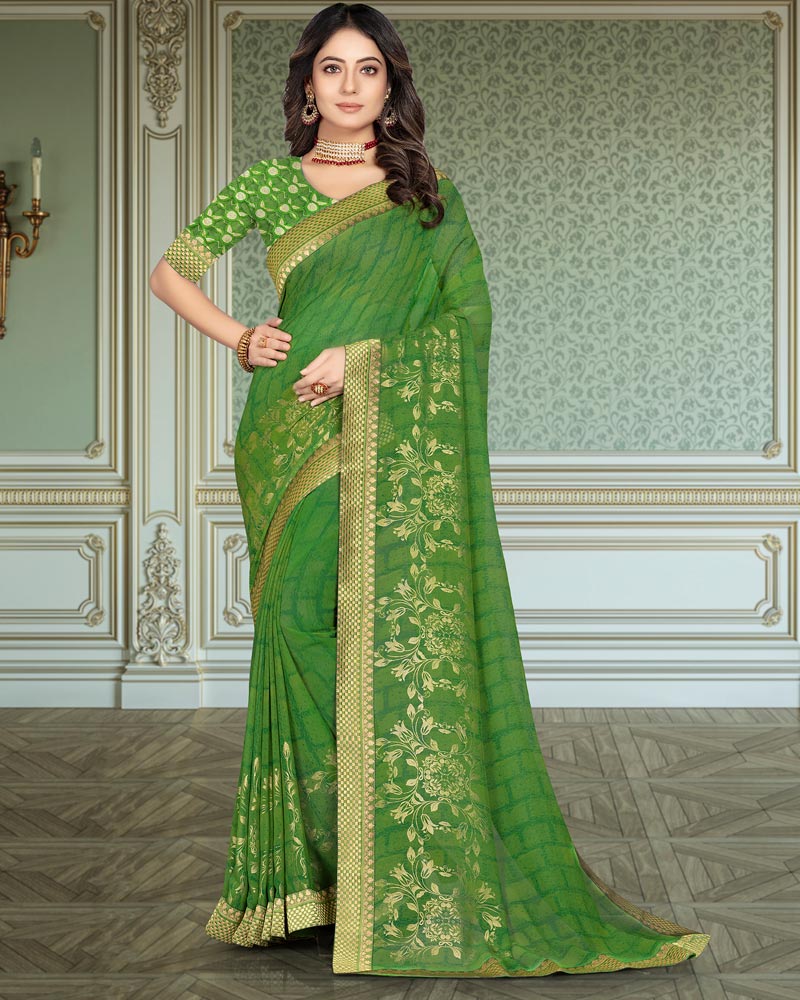 Vishal Prints Green Georgette Saree With Foil Print And Zari Border