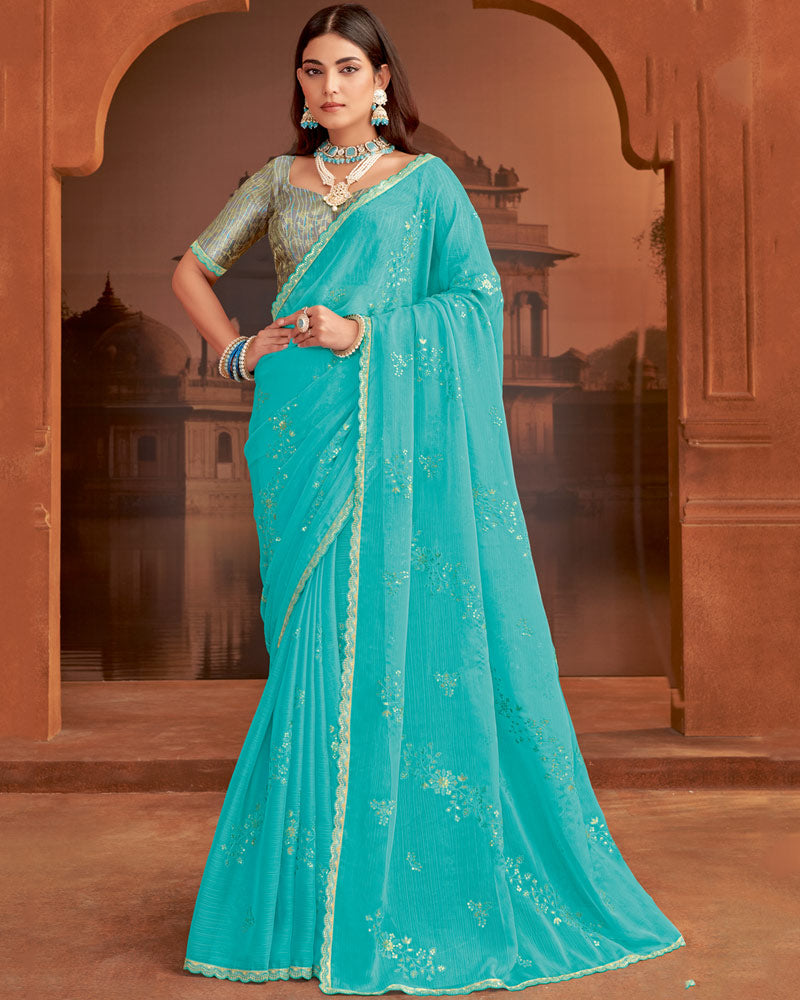 Vishal Prints Dark Turquoise Blue Designer Fancy Chiffon Saree With Em