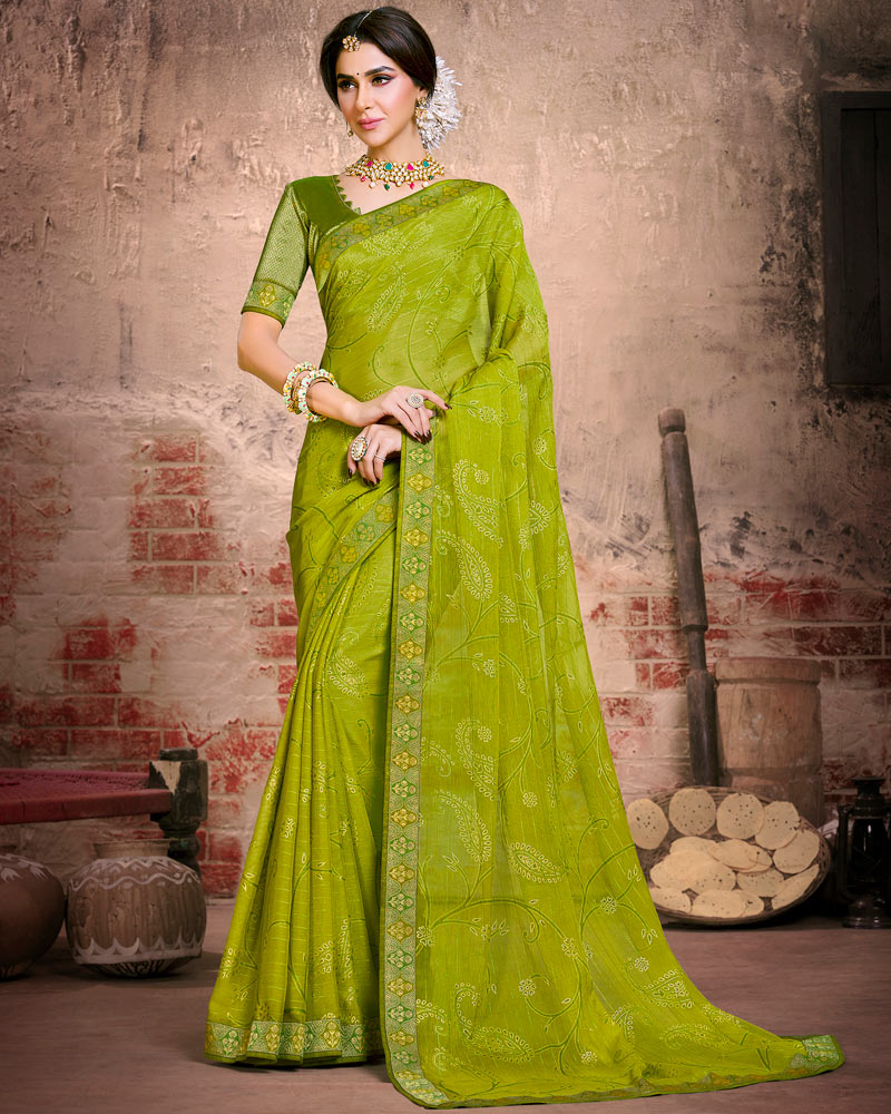 Vishal Prints Olive Green Fancy Brasso Saree With Foil Print And Zari
