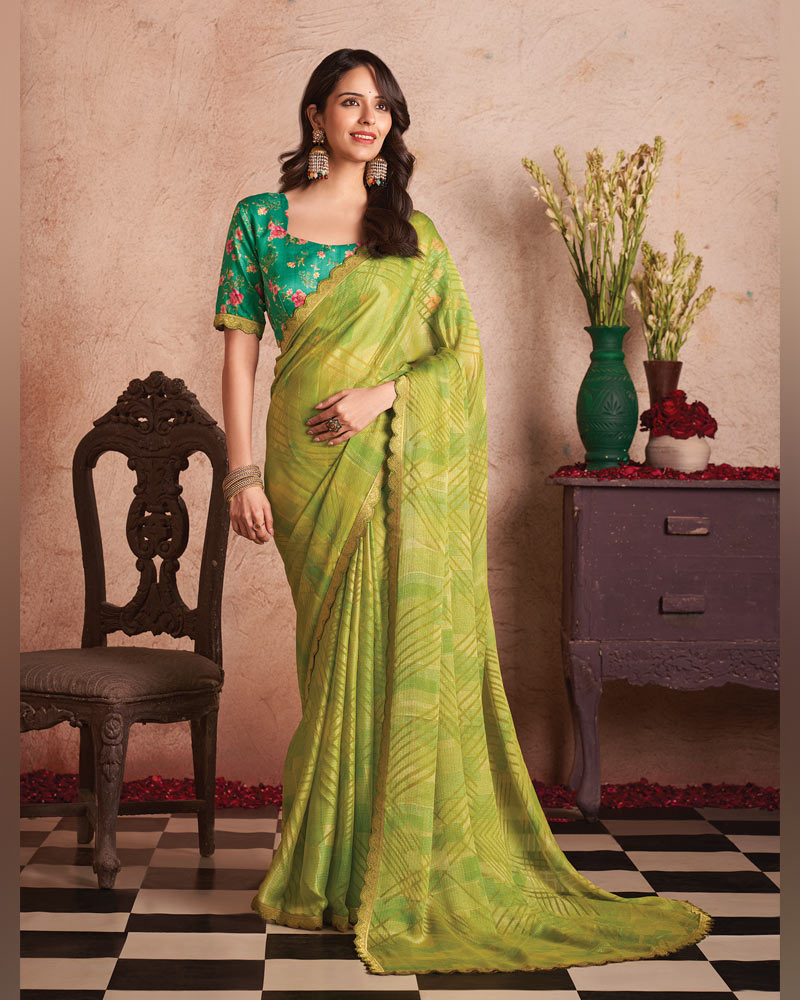 Vishal Prints Pale Olive Green Printed Fancy Brasso Saree With Cut Wor