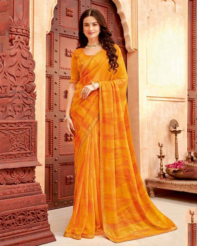 Vishal Prints Saffron Color Printed Georgette Saree With Foil Print An
