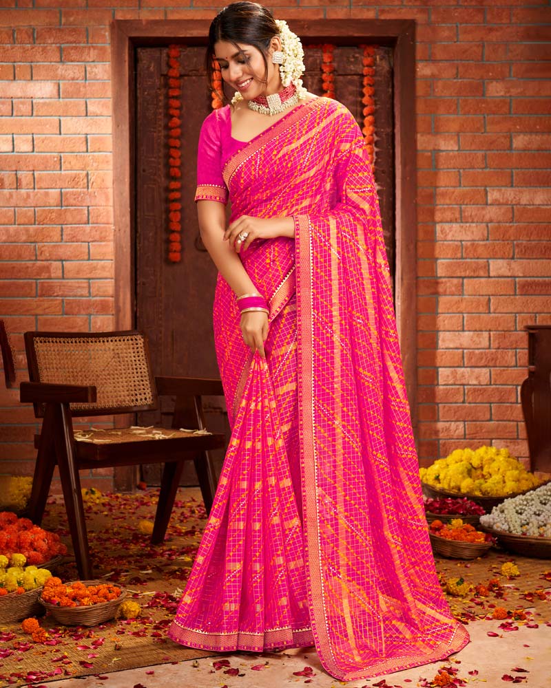 Vishal Prints Red Pink Patterned Chiffon Bandhani Print Saree With Fan