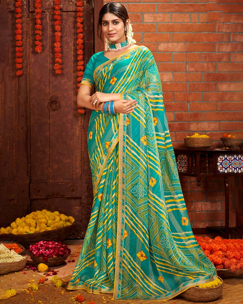 Vishal Prints Teal Green Patterned Chiffon Bandhani Print Saree With F